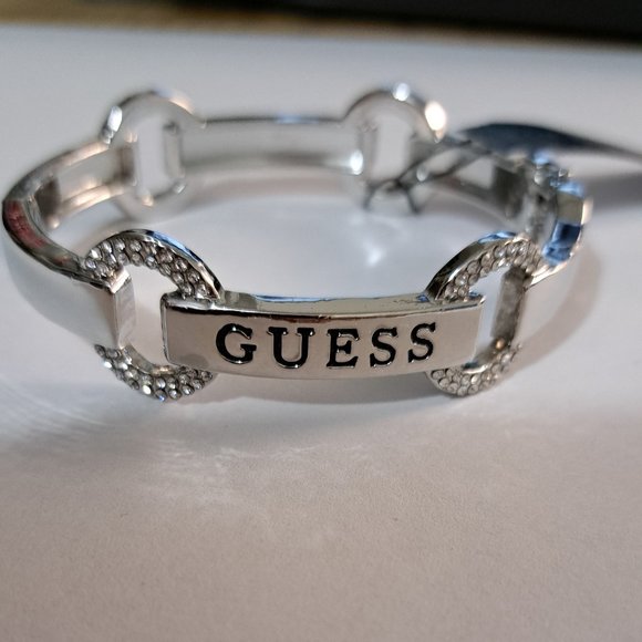 Guess | Jewelry | Guess Womens Silvertone Rhinestone Logo Bangle ...